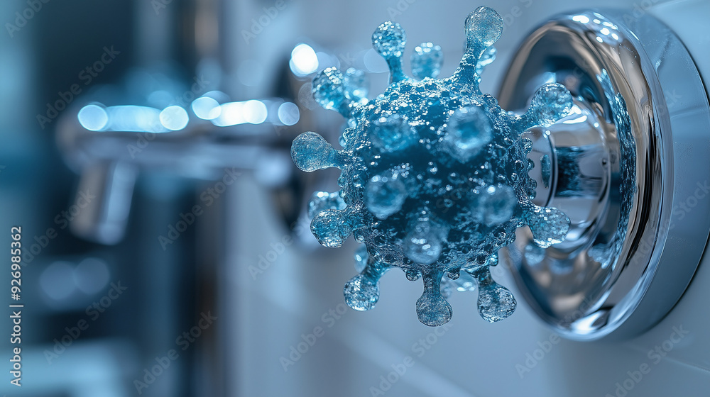 Virus Lurking on Faucet: A 3D rendering of a menacing coronavirus particle clings to a bathroom ...