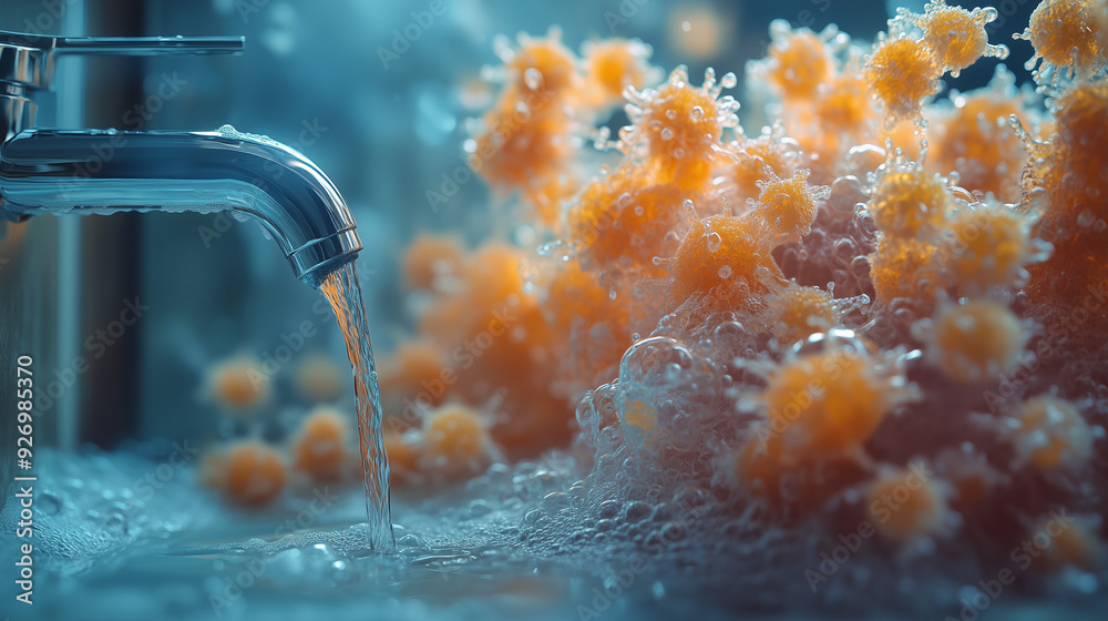 Water and Virus: A faucet spews water, creating a stream that washes ...