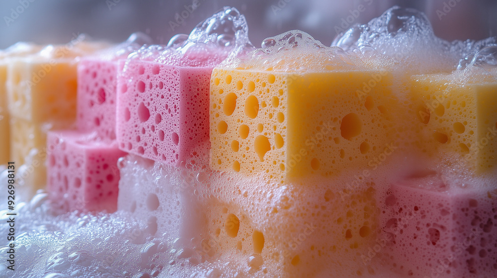 Colorful Sponges in Soapy Water: A close-up, vibrant shot of colorful ...