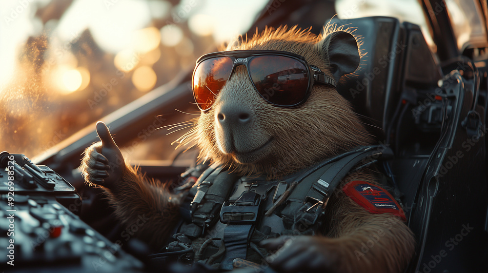 Capybara Pilot: Cool Capybara aviator in sunglasses, thumbs up in a cockpit, sunset glow. A ...