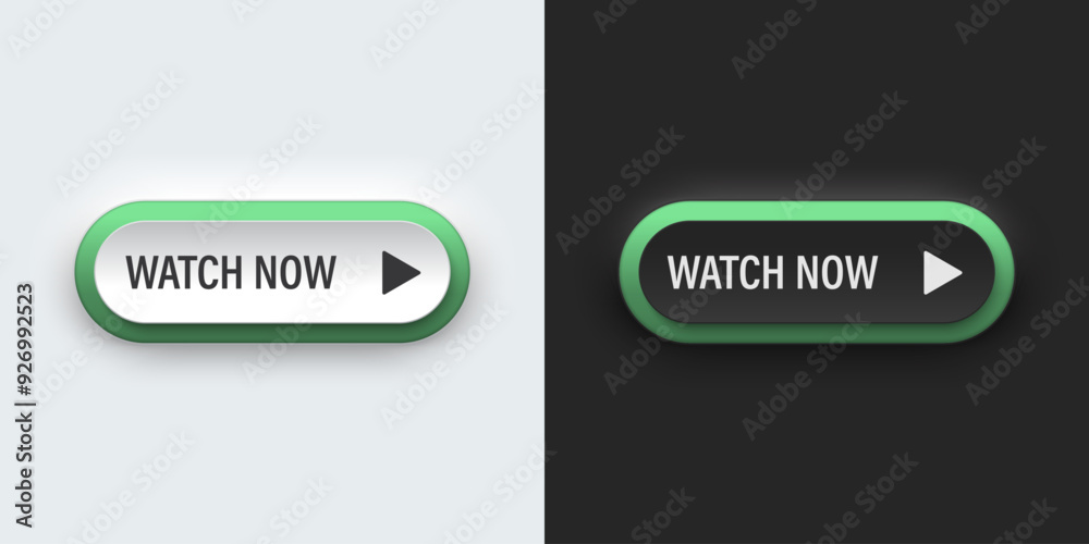 Watch now icon. A set of buttons with Watch Now symbols. 3d Neumorphism ...