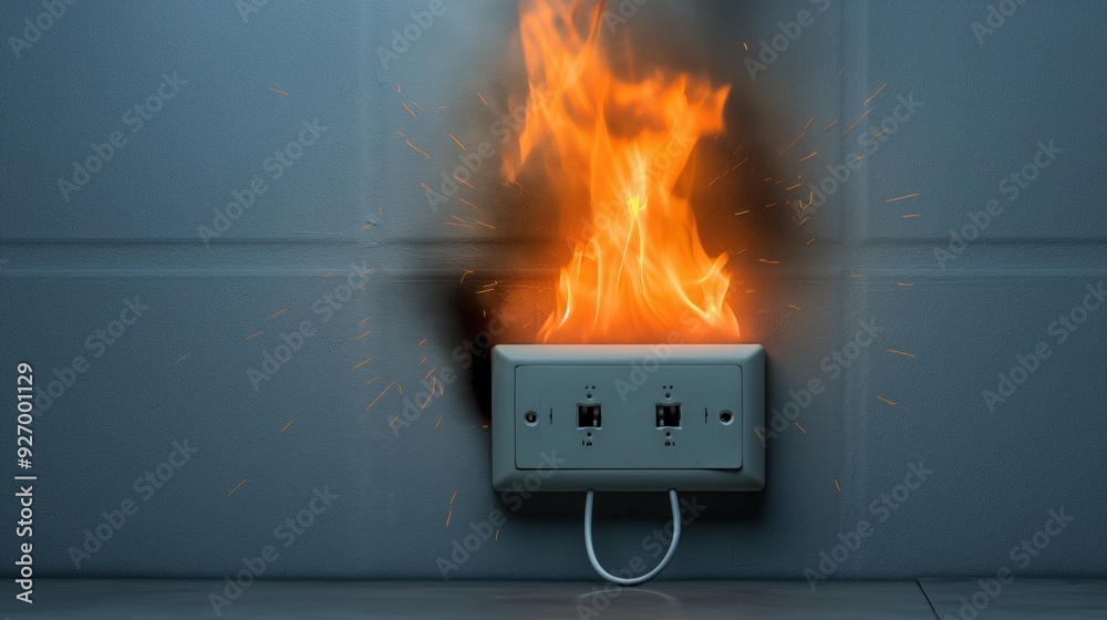 EU standard outlet with a burning electrical cord and a plug in a ...