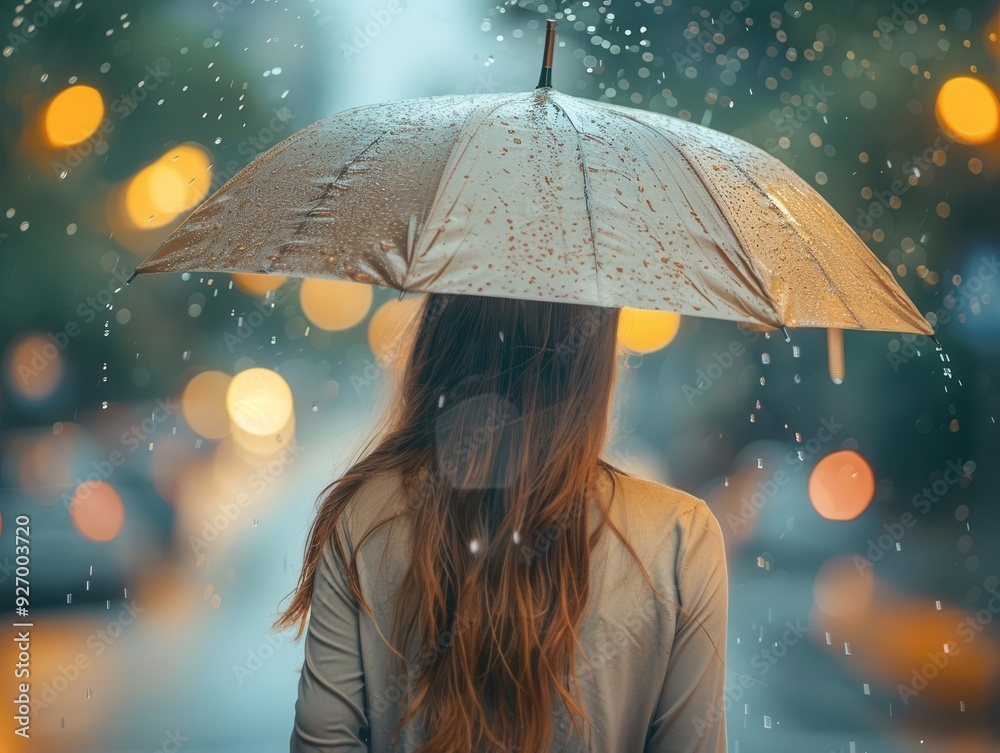 High resolution photos girl's back view holding an umbrella in the rain ...
