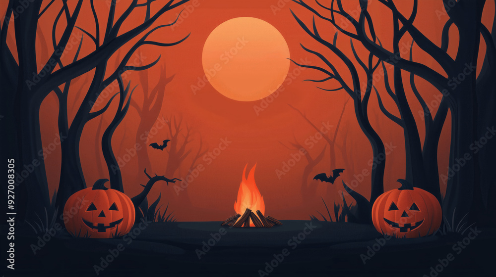 Spooky Halloween Scene with Carved Pumpkins and a Glowing Campfire in a ...