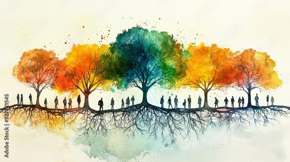 Watercolor rendering of a network of roots connecting trees ...