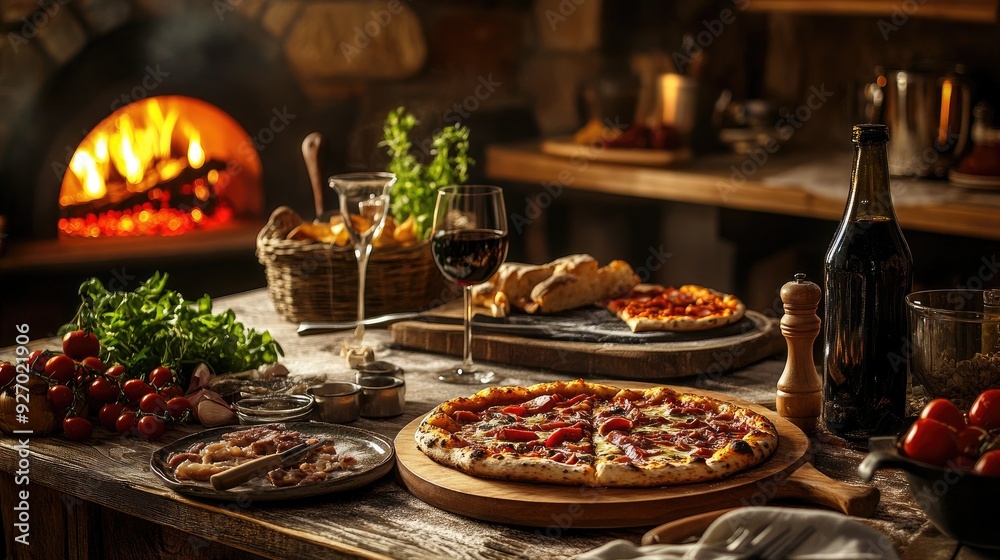 Authentic Italian kitchen scene with a wood-fired brick oven and hot ...