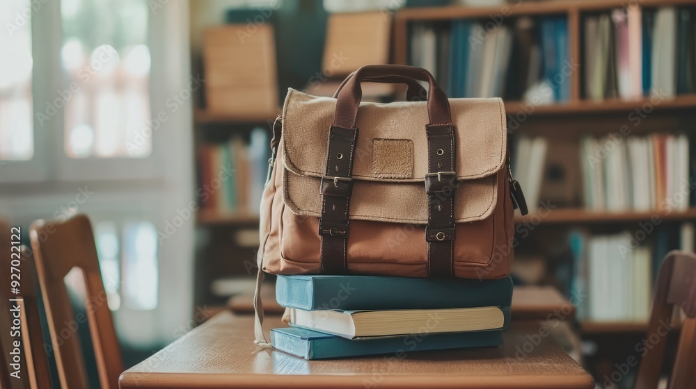 Back to school setup with a school bag and books on a student desk in a ...