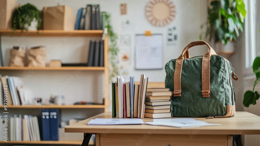 Back to school setup with a school bag and books on a student desk in a ...