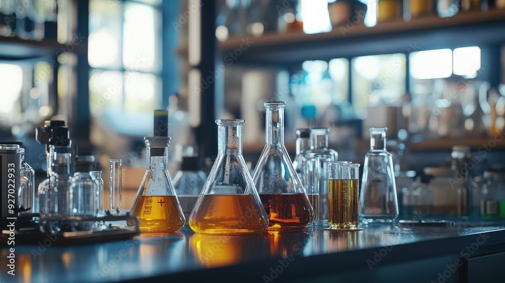 Chemistry laboratory filled with glassware and equipment, with a focus ...