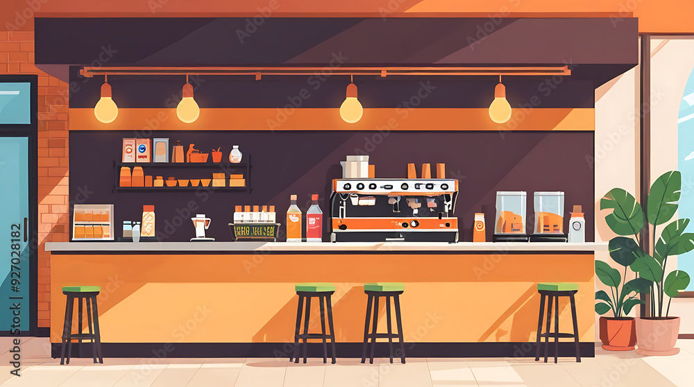 2D Flat-Style Illustration of a Trendy Café with a Counter, Coffee ...