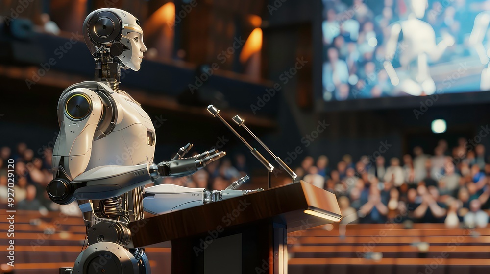 A humanoid robot stands at a podium addressing a large crowd, its ...