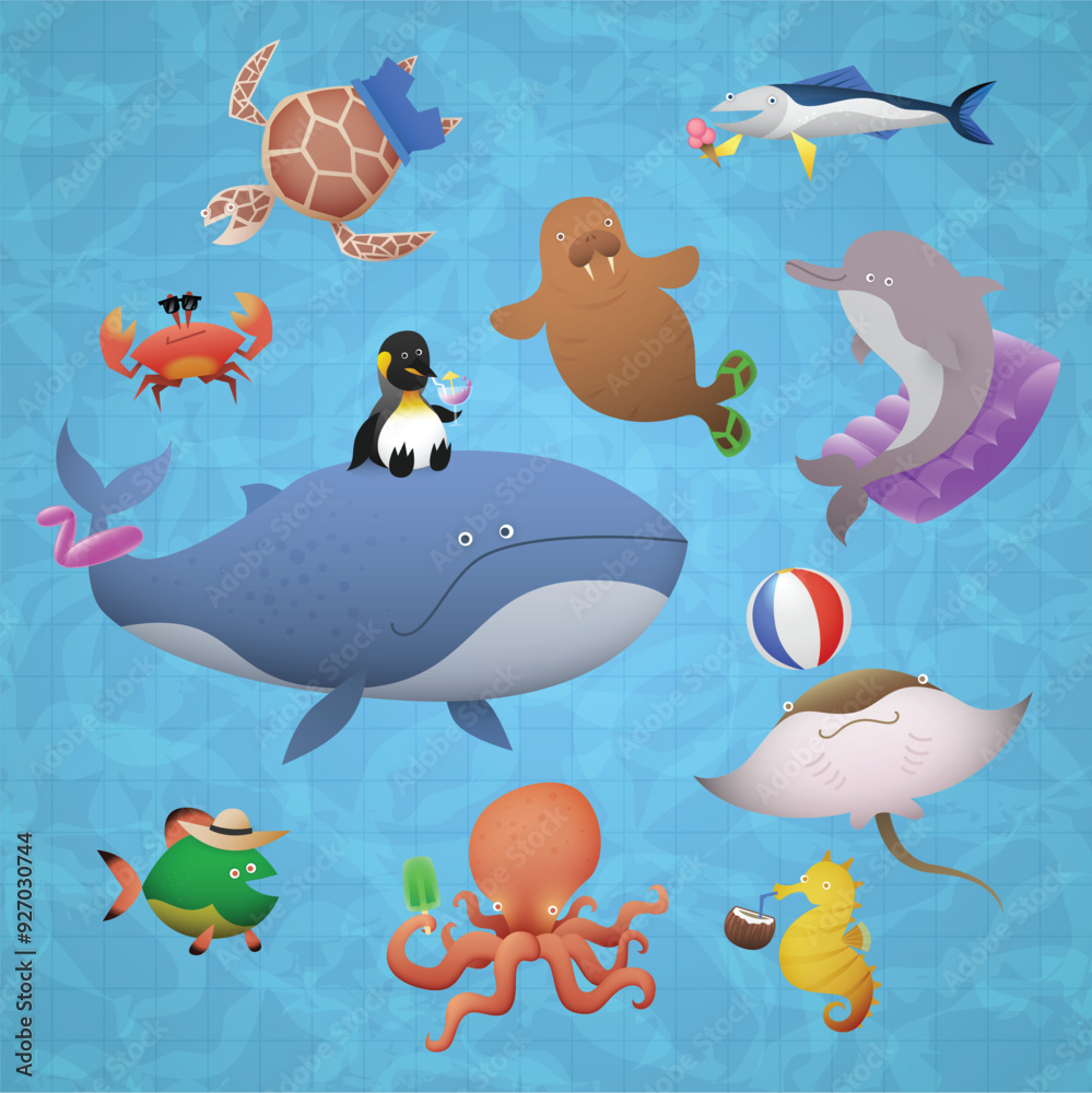 Cartoon illustration of marine animals having fun in pool. Summer fun ...