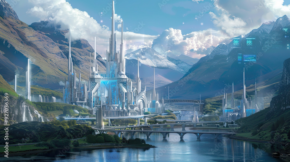 Futuristic cyberpunk megacity in Scottish Highlands. White and blue ...