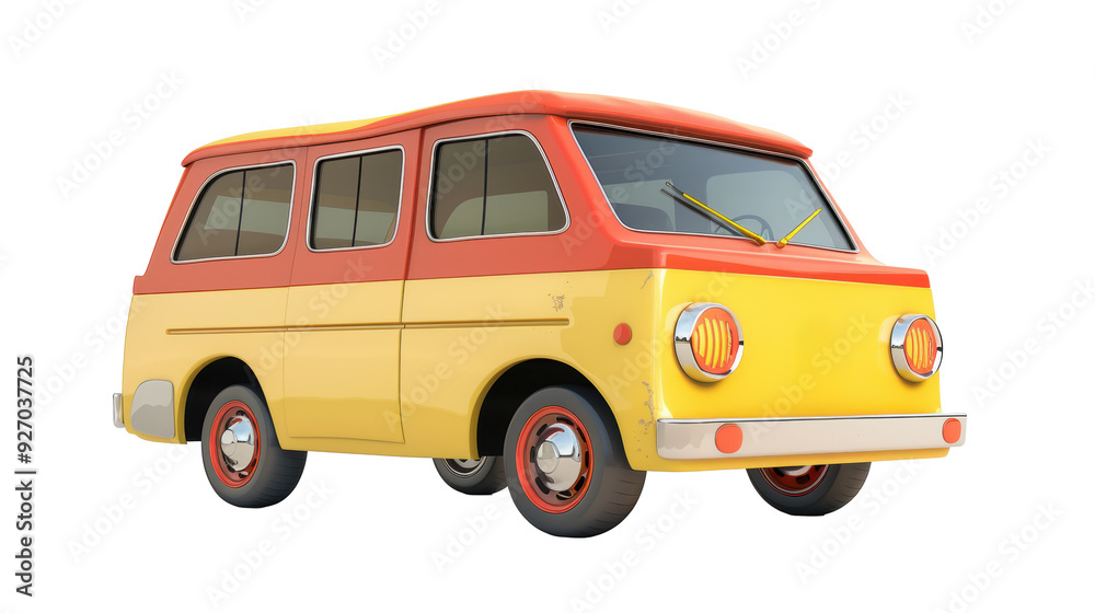 A yellow and red cartoon van with a white background. The van has a ...