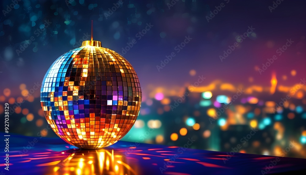 Colorful disco balls hang under the night sky, with the charming city ...