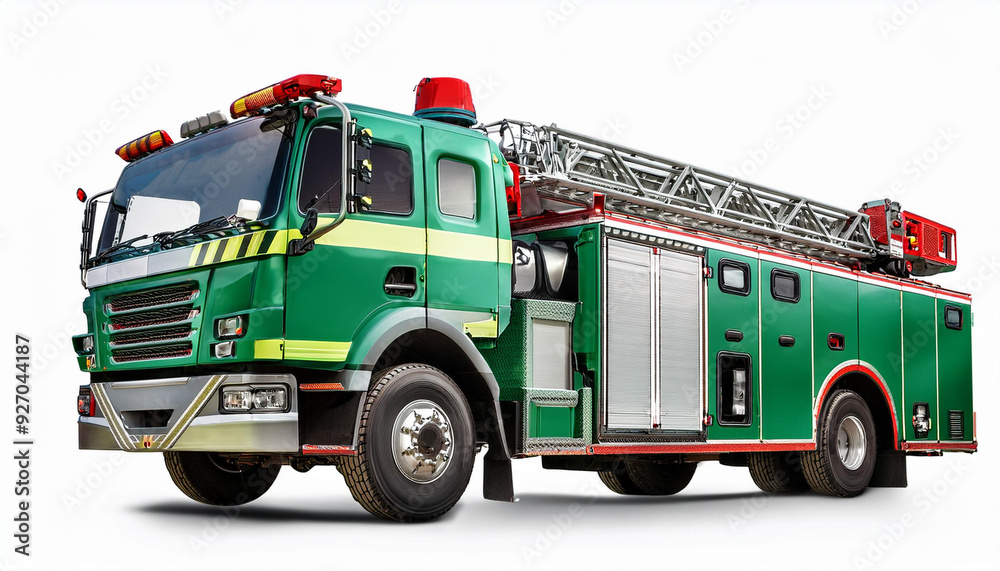 Create a detailed illustration of a green fire truck equipped with ...
