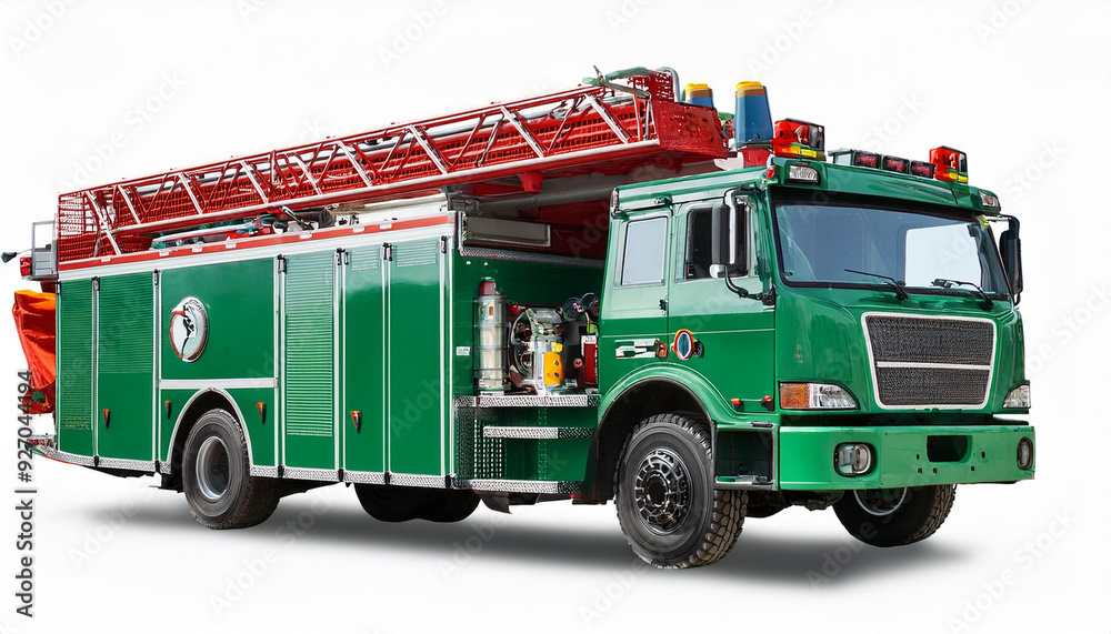 Create a detailed illustration of a green fire truck equipped with ...
