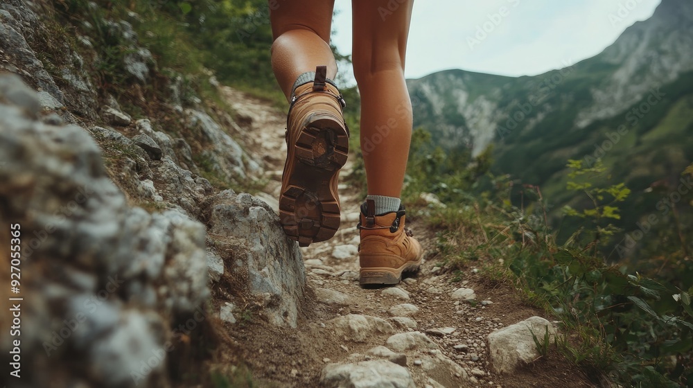 Female legs in hiking shoes, moving up a steep mountain path, capturing the determination and ...