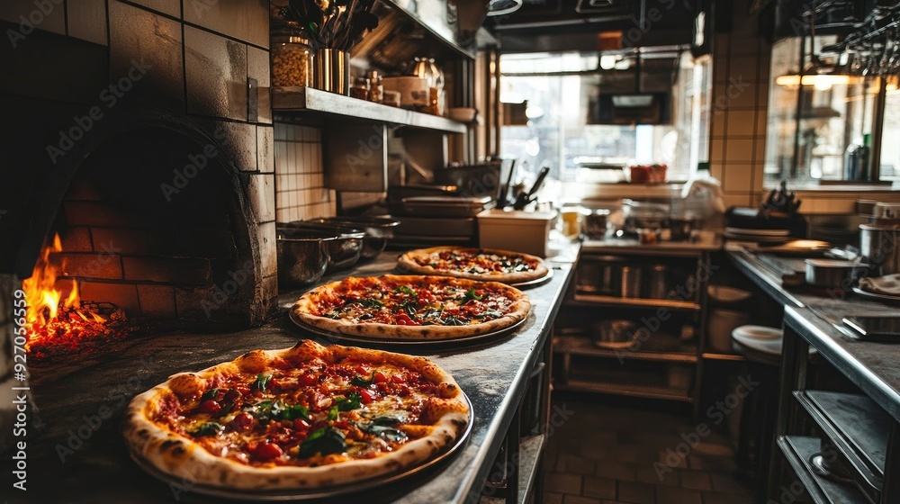 Interior view of an Italian restaurant kitchen with a brick oven and ...