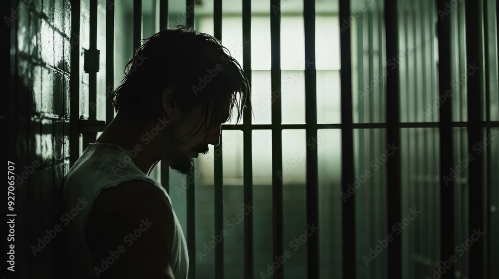 Side view of a prisoner standing behind bars in a jail cell, capturing ...