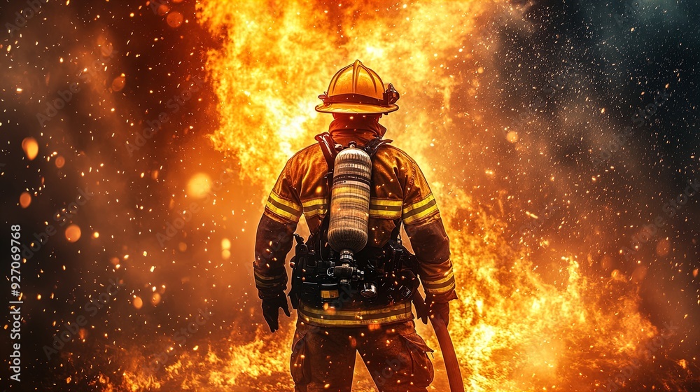 Heroic Firefighter Battling Flames: Intense Action Poster for Sports ...