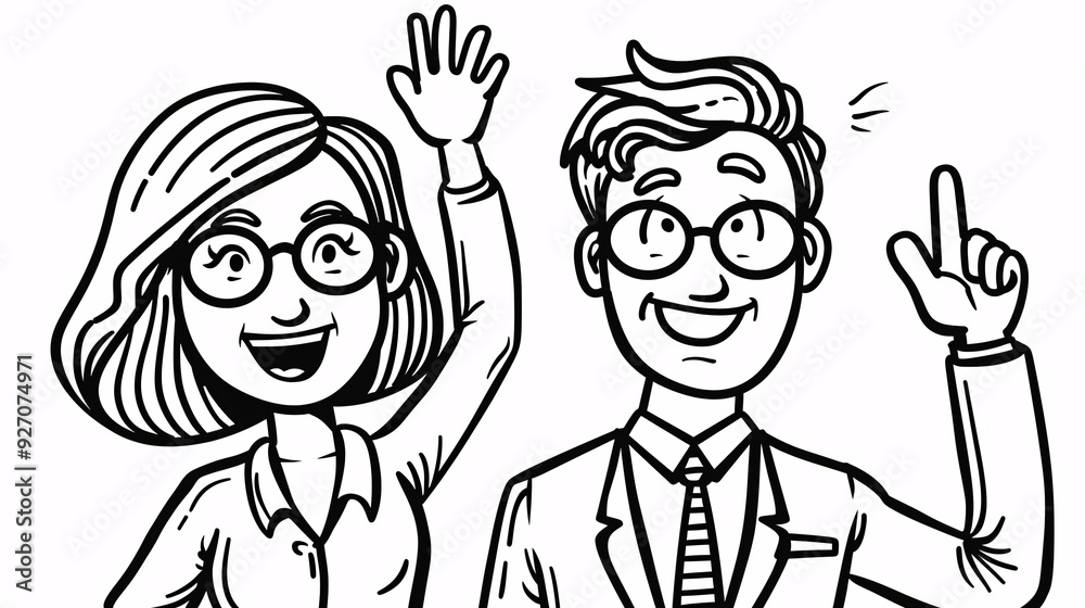 Line drawing of a corporate male and female executive in formal attire ...