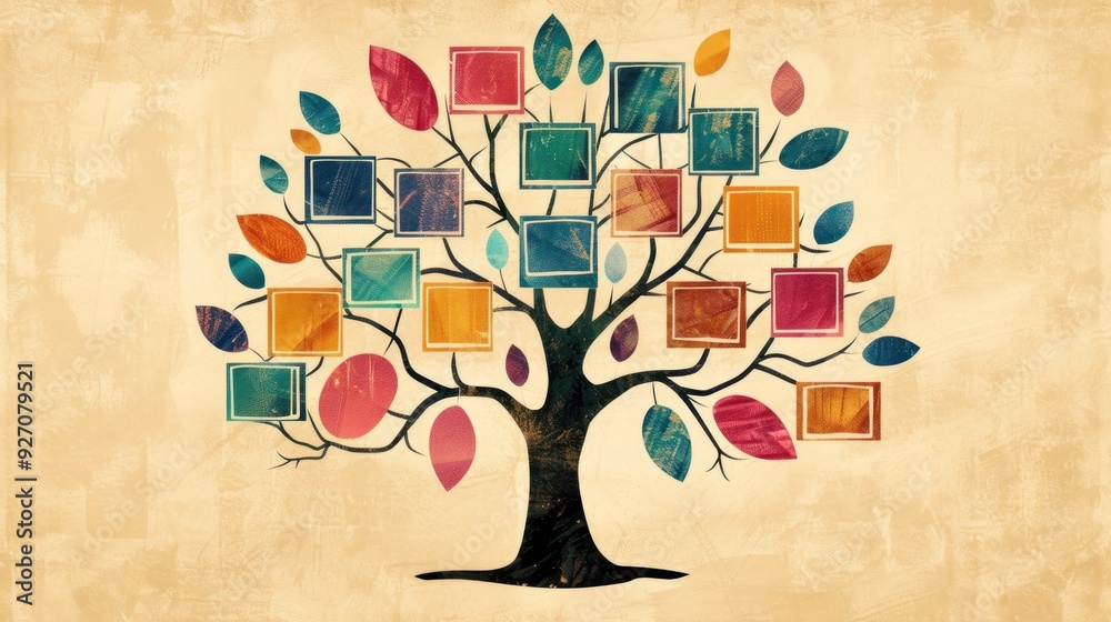 Colorful family tree template with blank cells on a light background ...