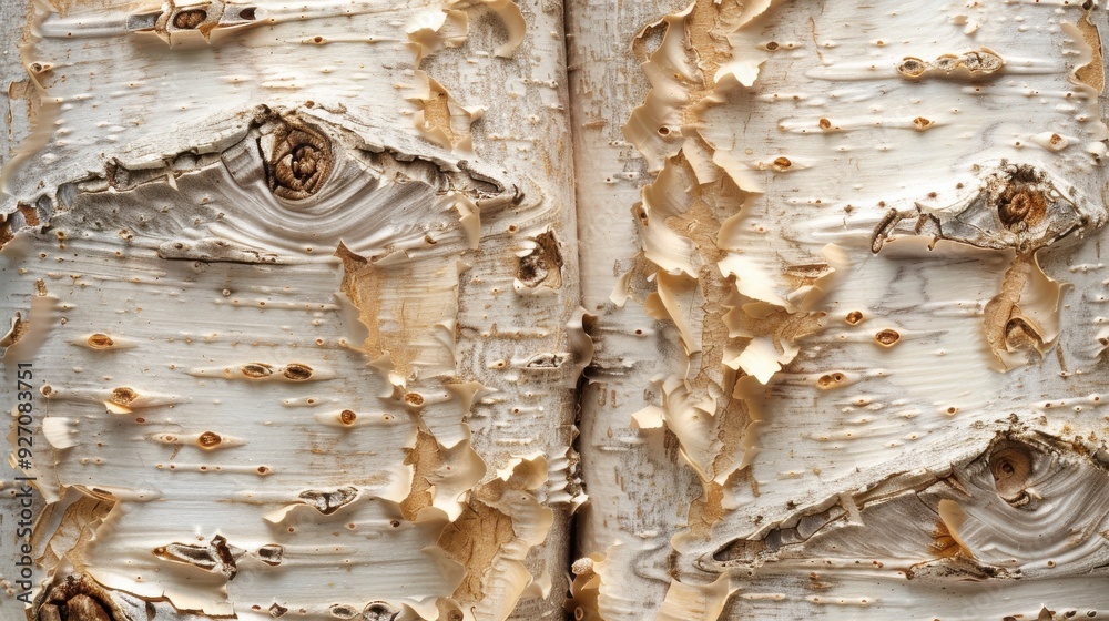 The image shows a close up of white birch bark, with peeling bark and ...