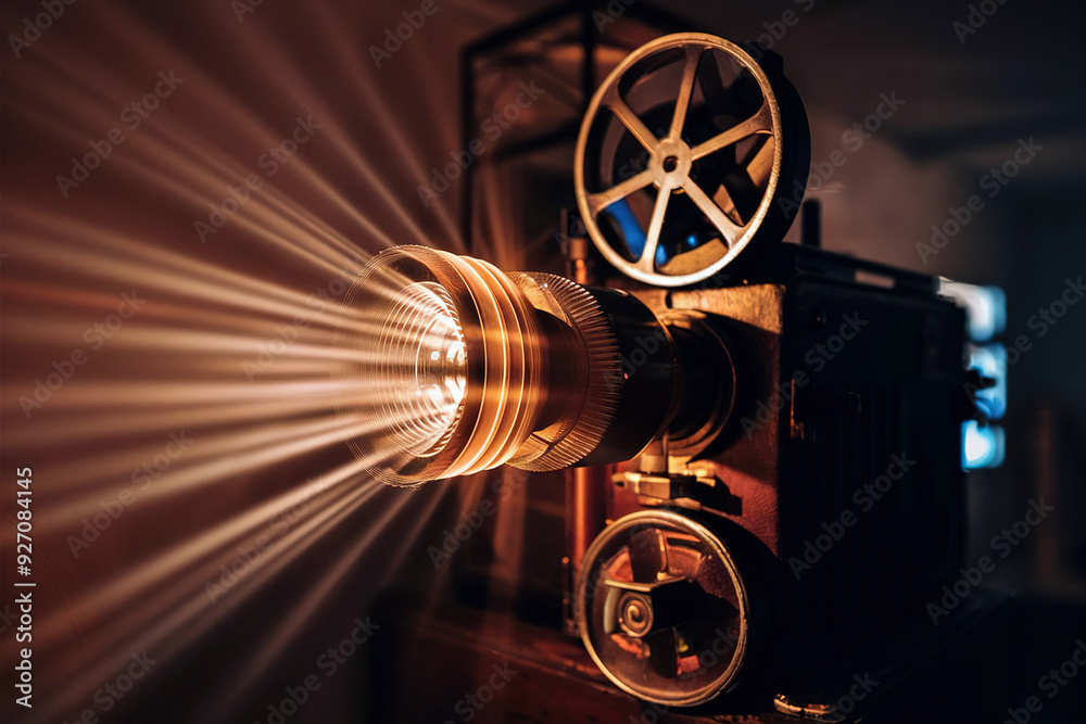 Vintage film projector with a glowing lens, casting light beams in a ...