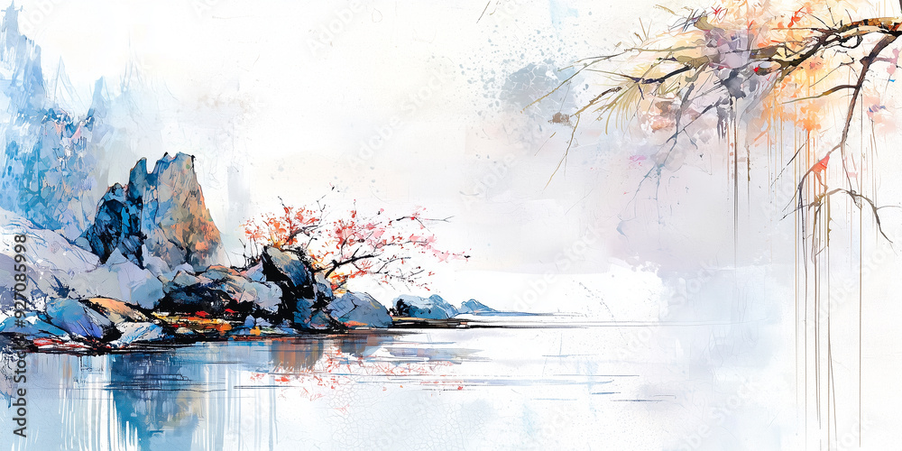 Traditional eastern art. Ink painting. Zen. ancient scroll. Fantasy ...