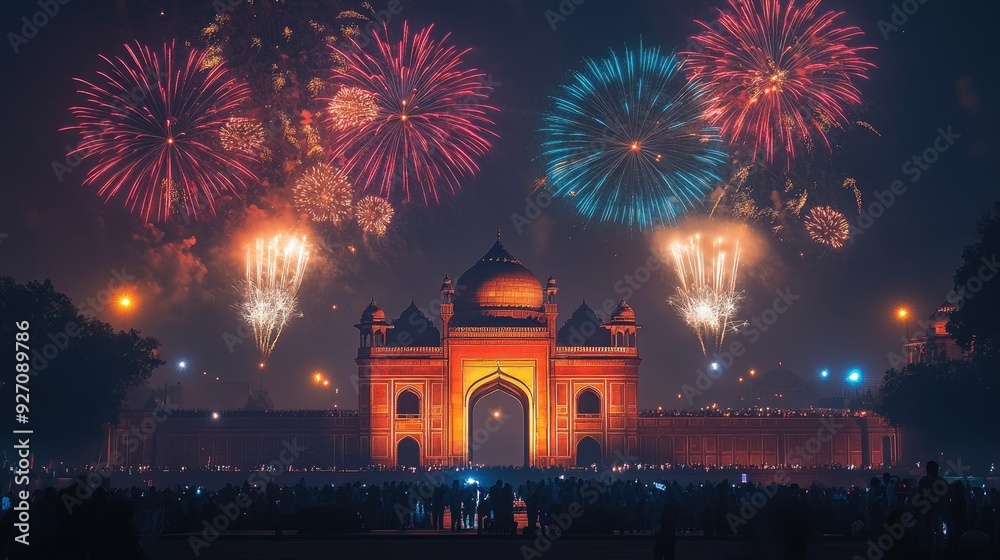 A spectacular display of fireworks over a historic monument in an ...