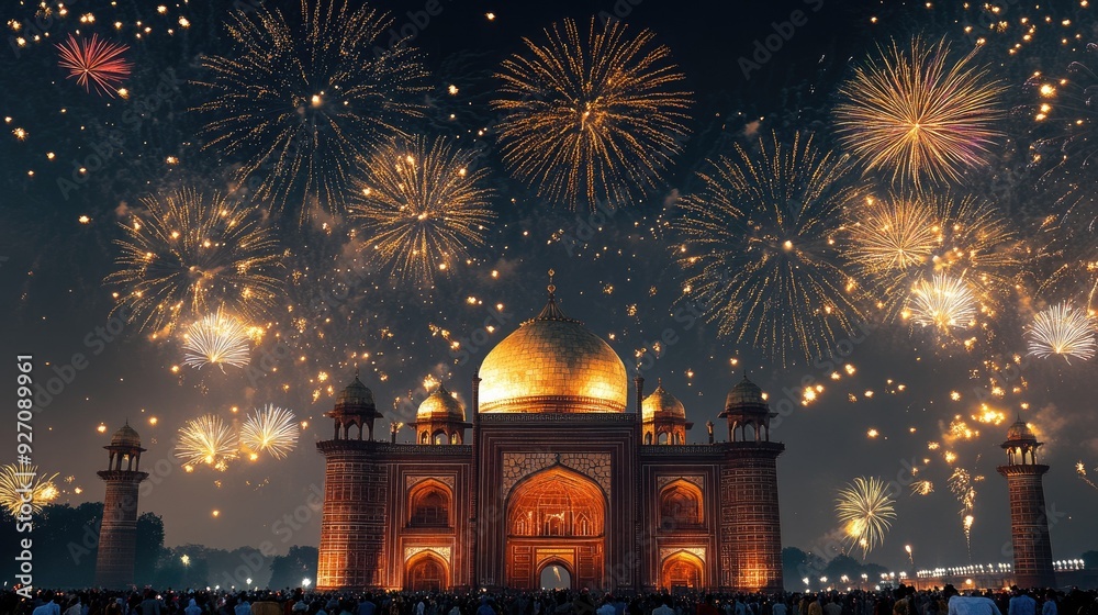 A spectacular display of fireworks over a historic monument in an ...