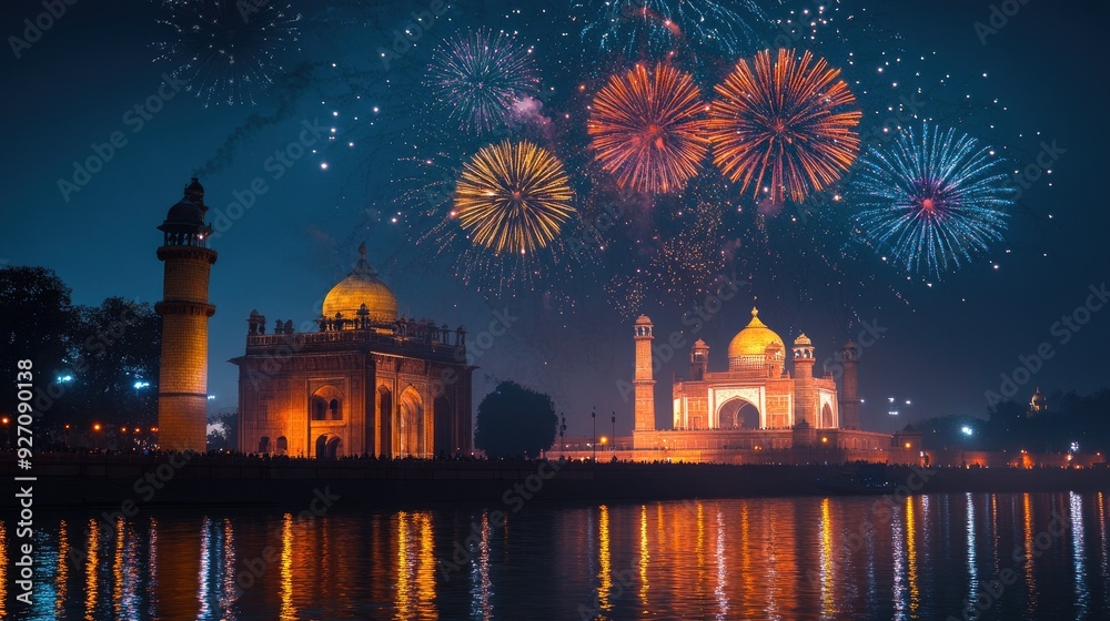 A spectacular display of fireworks over a historic monument in an ...