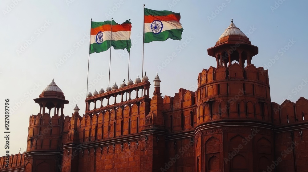 The iconic Red Fort in Delhi with the Indian flag flying high, a symbol ...
