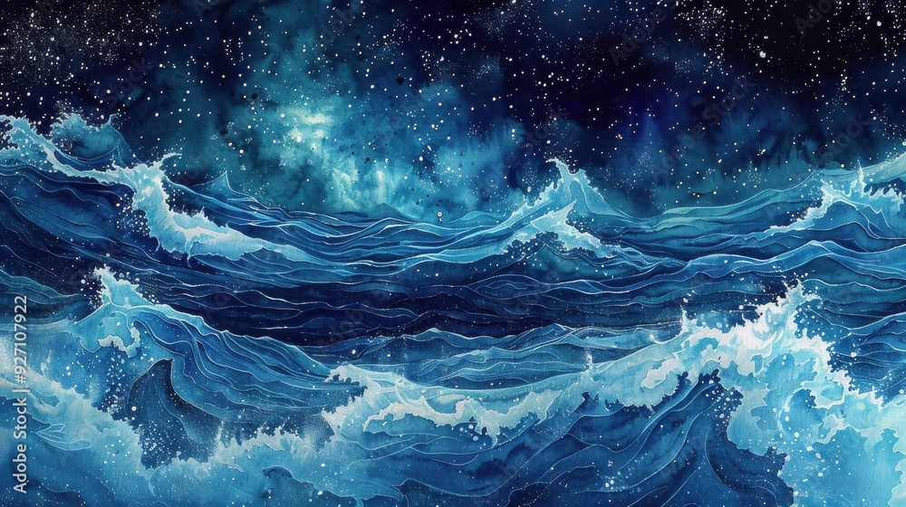 A watercolor painting depicts a vast, deep blue ocean with crashing ...
