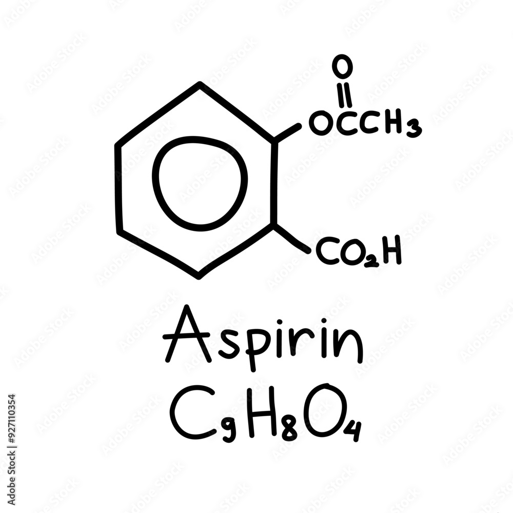Hand drawn chemical structural formula of aspirin, also known as ...