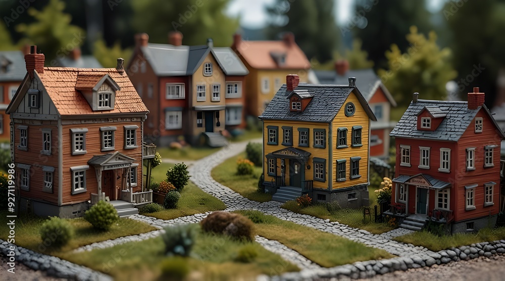 Miniature houses in a small town. The houses are all different colors ...