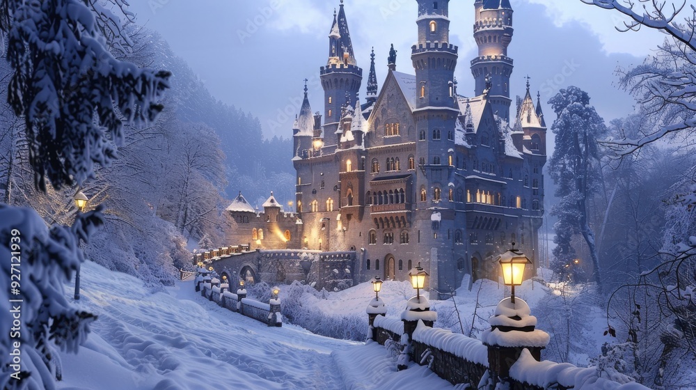 A grand, snow-covered castle stands tall in the Bavarian countryside ...