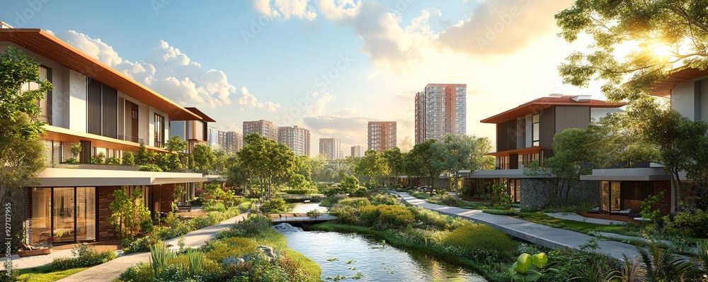 Future urban residential area with smart homes, green spaces, and ...