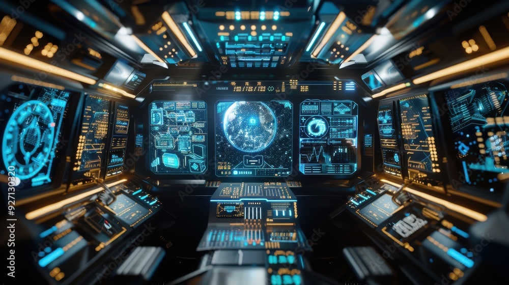 A close-up view of the interior of a futuristic spaceship's bridge ...