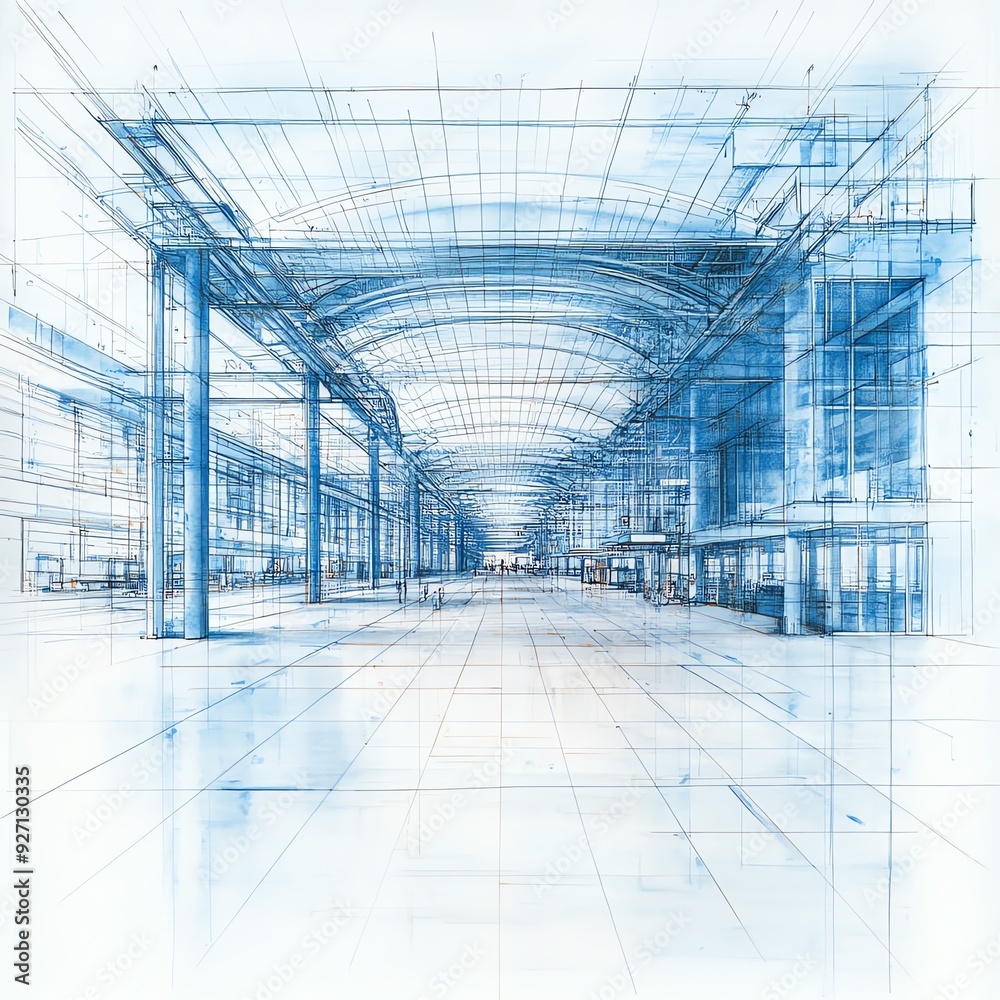 Skeleton framework of an airport terminal, with a detailed blueprint of ...