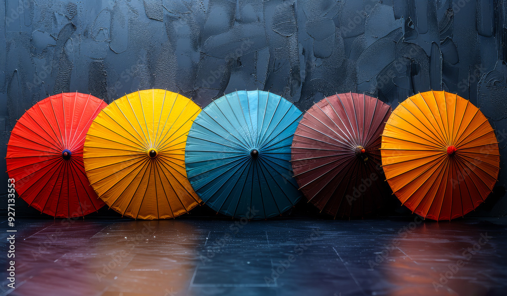 A row of colorful umbrellas are lined up against a wall. The umbrellas ...