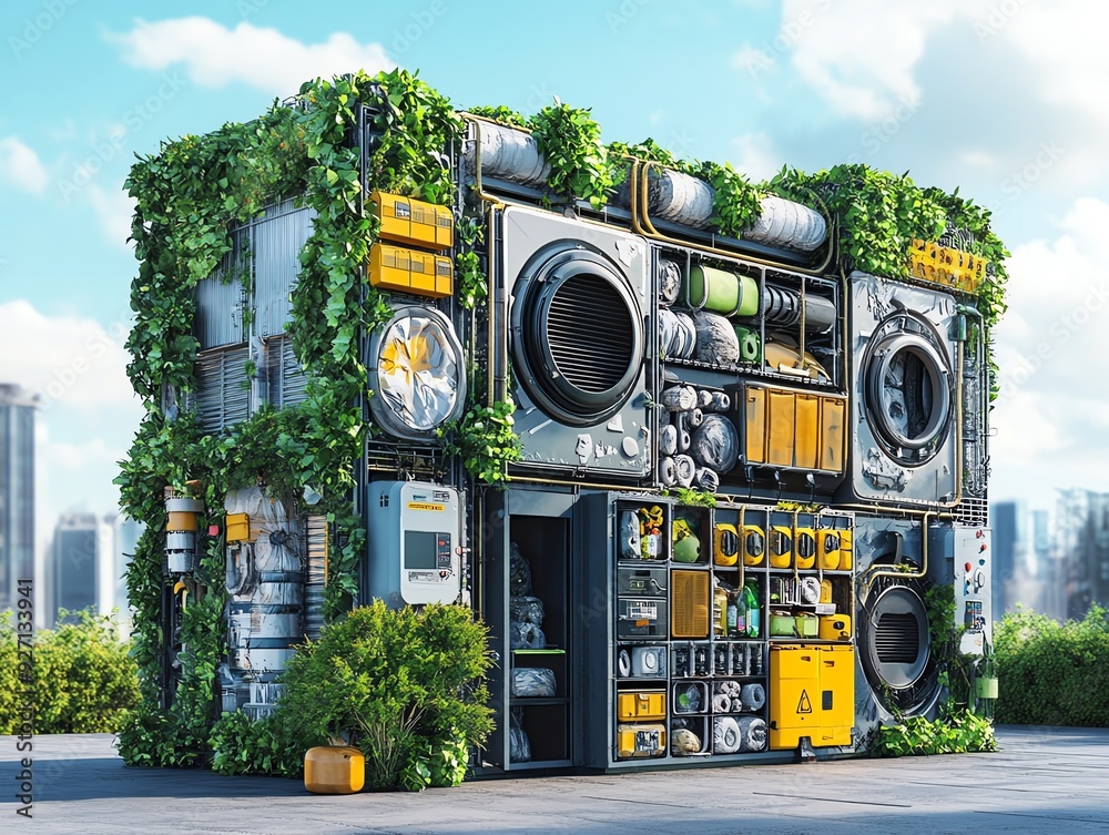 Artistic design of a machine that repurposes waste materials into new ...