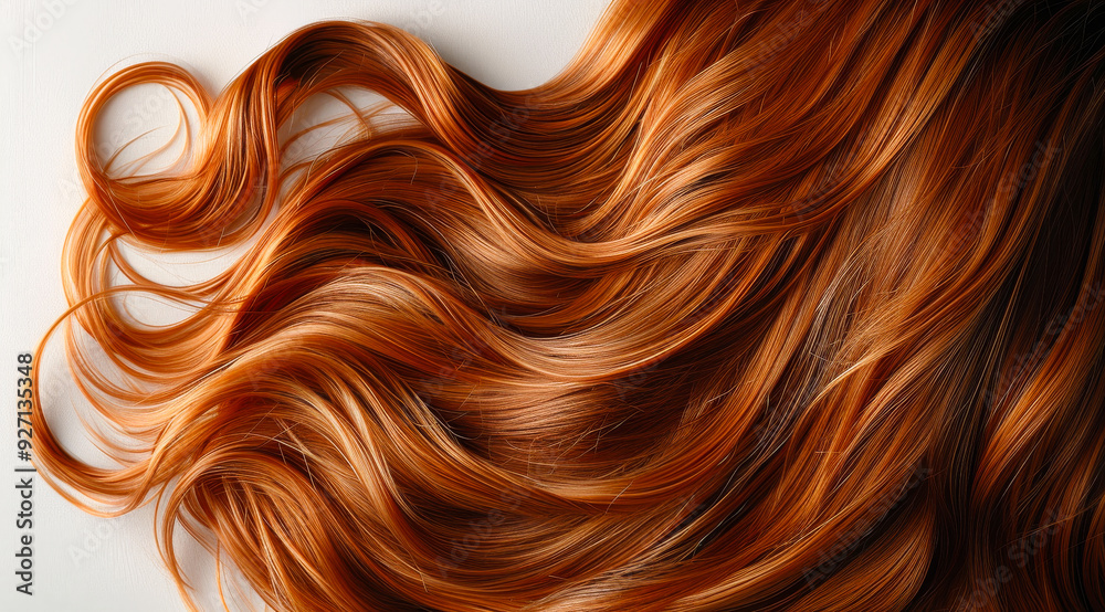 A woman's long red hair is shown in a close up. The hair is curly and ...
