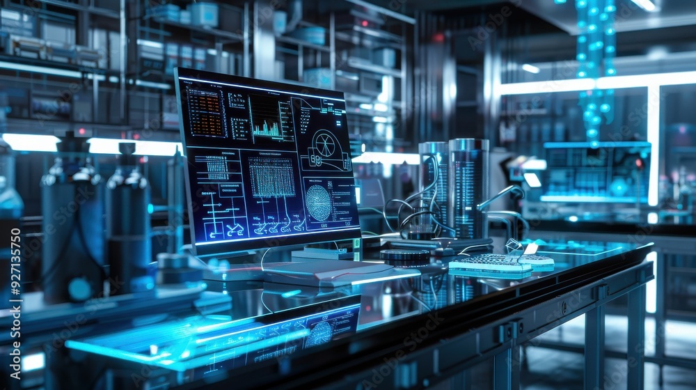 A modern laboratory workstation with a computer displaying data on its ...