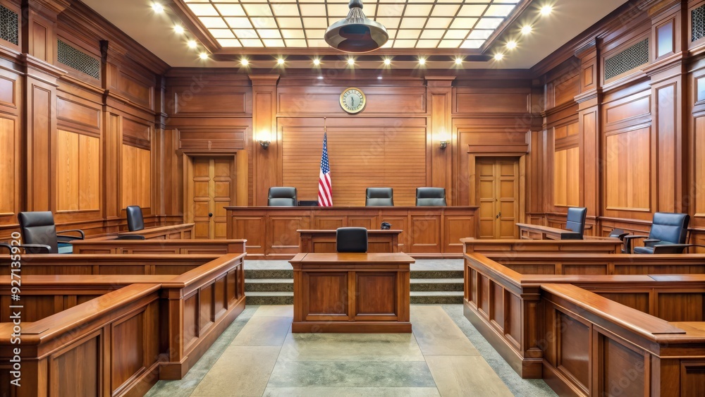 Empty courtroom with wooden benches and judge's bench , law, court ...