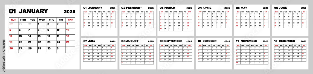 Monthly calendar template for 2025 year. Week Starts on Sunday. Wall ...