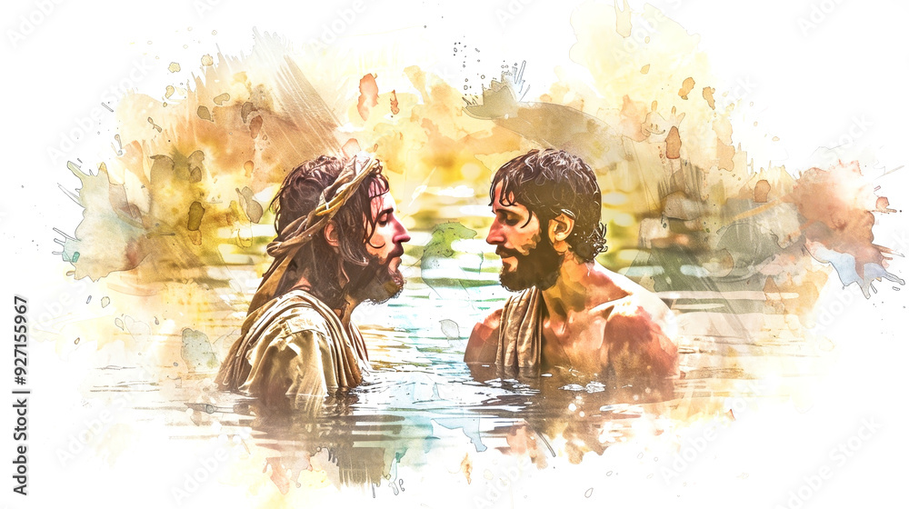 Jesus is being baptized in the tranquil waters of the Jordan River by ...