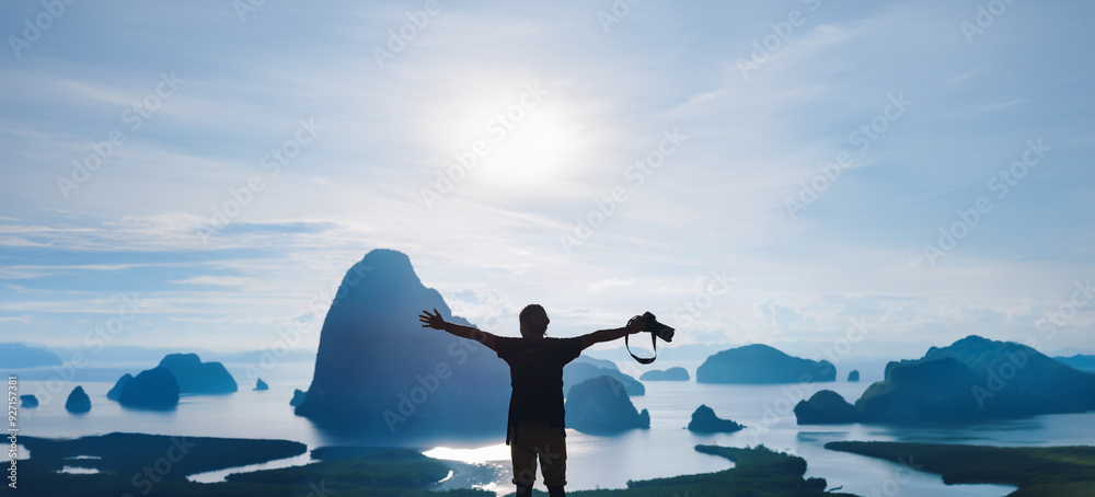 Men travel photography on the Mountain. Tourist on summer holiday ...