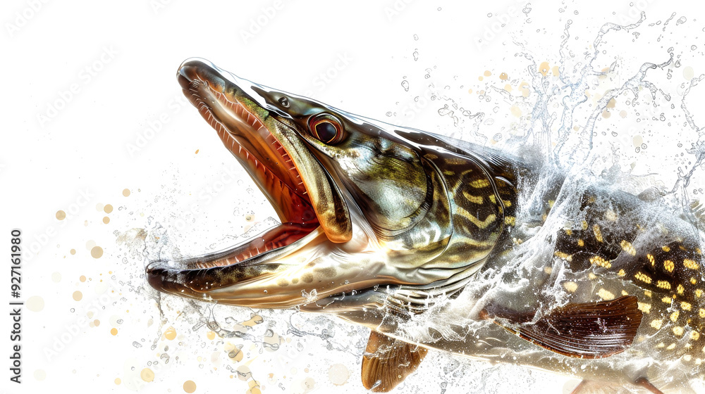 An angry pike fish bursts from the water, its mouth wide open amid a ...